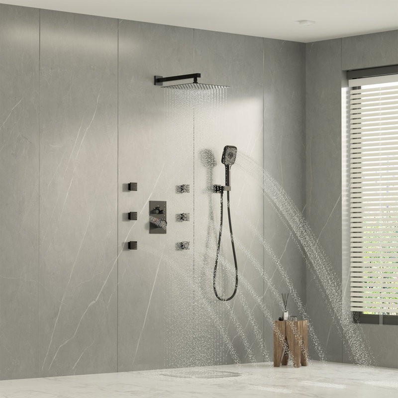 CASAINC Revitalize 3-Function 12 Inch Wall Mount Rainfall Thermostatic Shower System with 6 Body ...